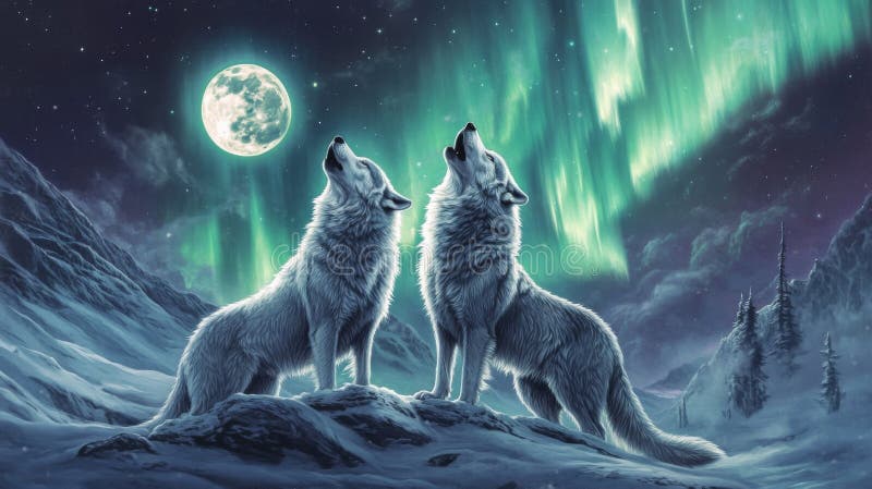 Two White Wolves Howling at the Northern Lights Under a Full Moon Stock ...