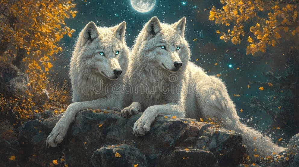 Two White Wolves Resting on Rocks Under a Night Sky Stock Illustration ...