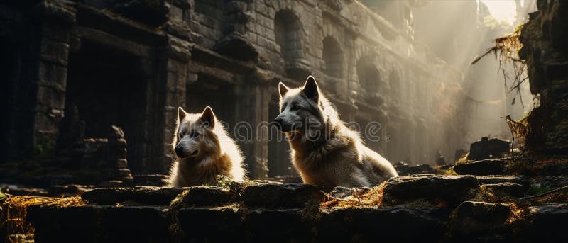 Two White Wolves in the Ruins of an Ancient City Stock Illustration ...