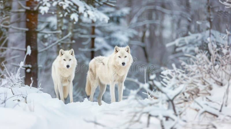 Two White Wolves in a Snowy Forest Stock Photo - Image of cold, white ...