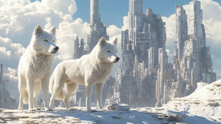Two White Wolves in a Snowy Post Apocalyptic City Stock Illustration ...