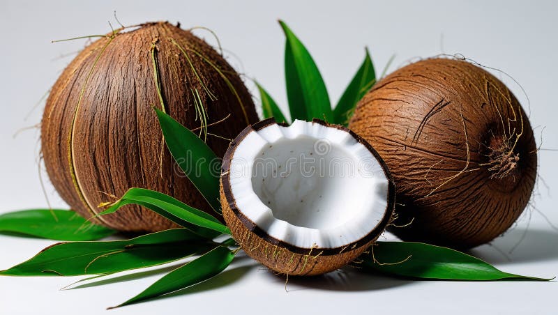 Two Whole Coconuts and a Half with Green Palm Leaves Resting on White ...