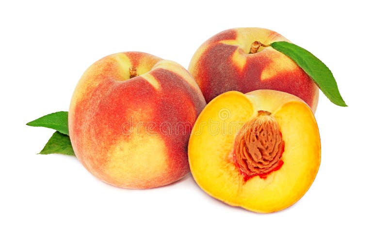 Two Whole and a Half Peaches with Green Leaves (isolated) Stock Photo ...