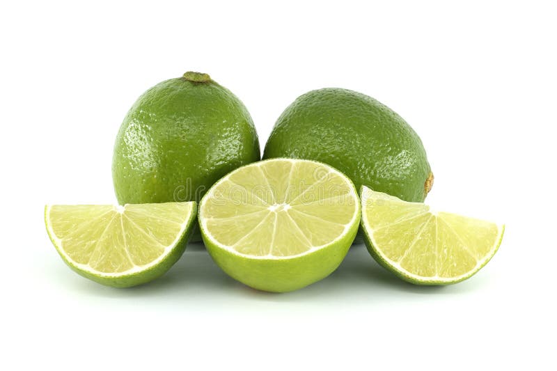 Fresh Limes Showing Segments and Whole Fruits on White Background Stock ...