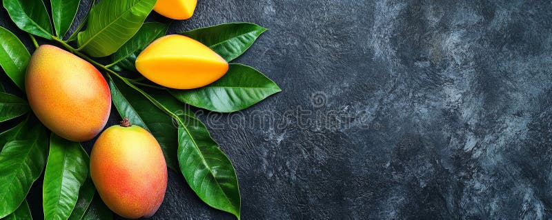 Two Whole Mangoes and a Slice of Mango with Green Leaves on a Dark ...
