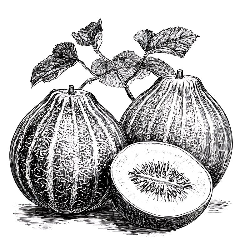 Two Whole Melons and a Half Melon Slice with Leaves Ink Scketch Stock ...
