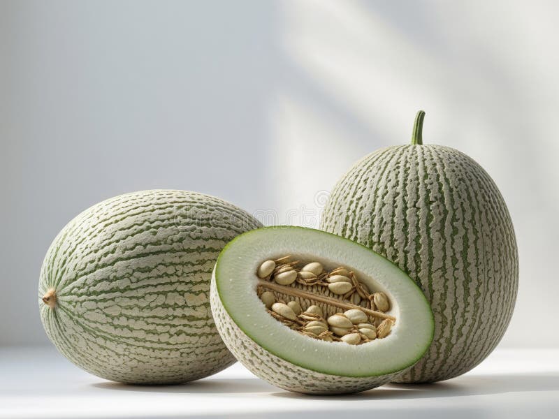 Two Whole Melons with Rough Skin and One Slice with Visible Seeds ...