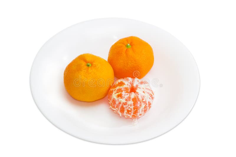 Two Whole and One Peeled Mandarin Orange on a White Dish Stock Image ...