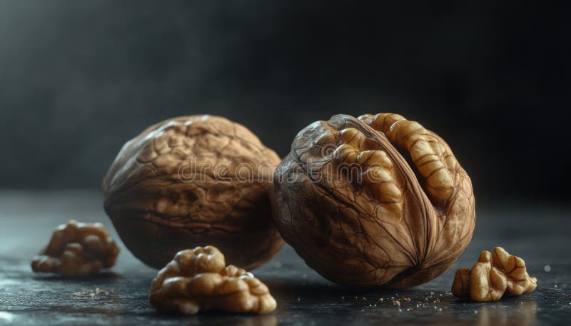 Fresh Walnuts on a Dark Surface with Scattered Nut Pieces and Soft ...