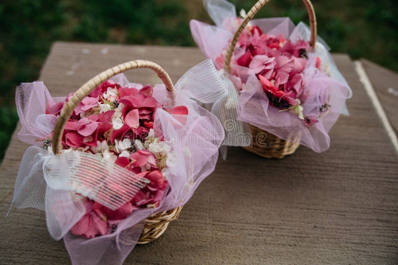 Rustic Wedding Decor with Flower Baskets Stock Image - Image of rustic ...