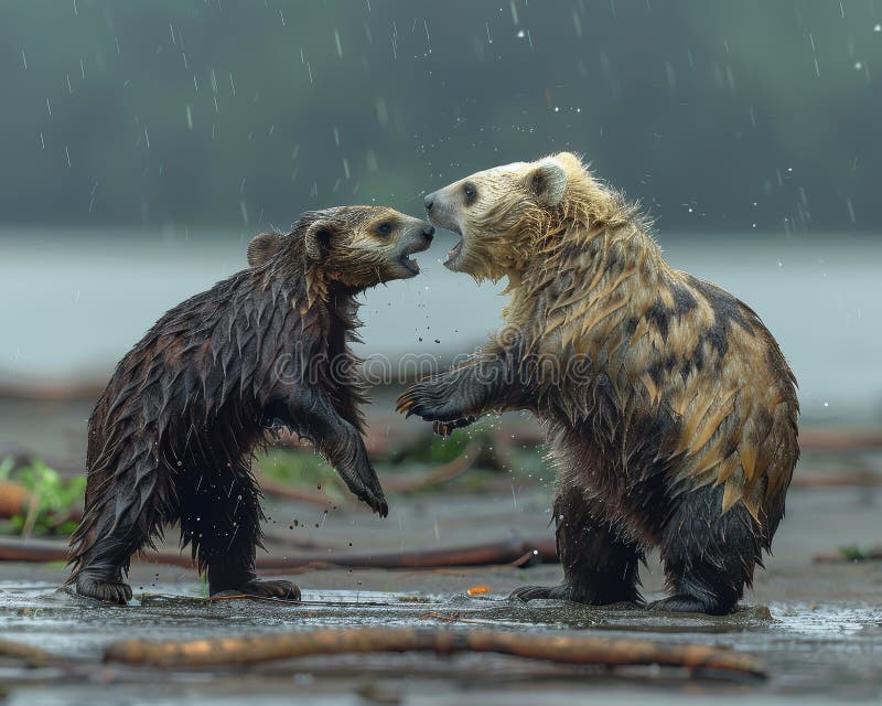 Two Wild Bears Playfully Sparring with Each Other in a Rainy Forested ...