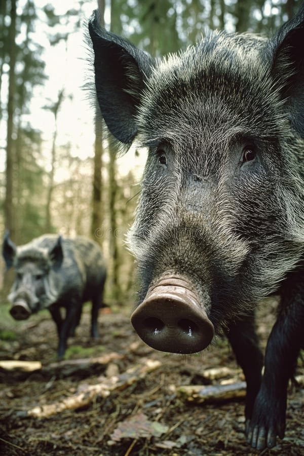 Two Wild Boars Look Directly at the Camera in a Woodland Setting Stock ...