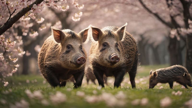 Two Adorable Piglets Walking in Cherry Blossom Garden Stock ...