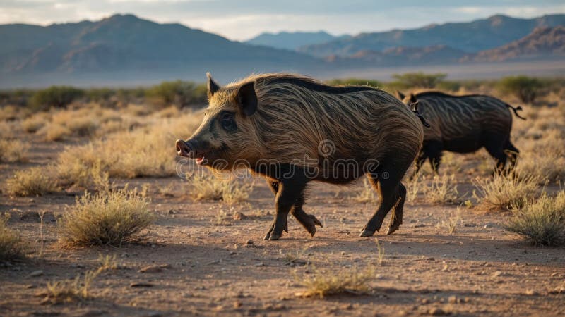 Two Wild Boars Running through a Desert Landscape with Mountains in the ...