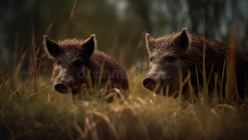 Two Wild Boars, Sus Scrofa, Approaching on Glade in Spring Nature ...