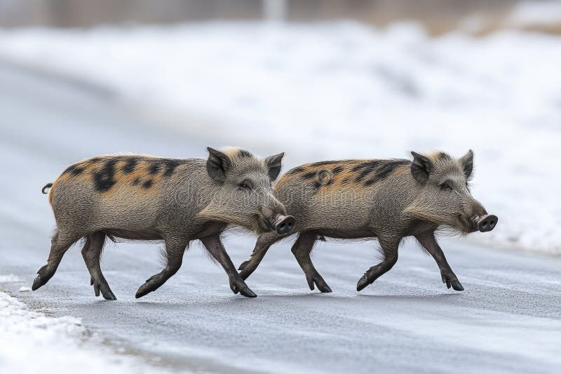 Two Wild Boars Walking Across a Snowy Road, Winter Scene Stock Image ...