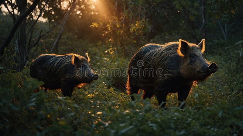 Golden Hour Wild Boars in Lush Jungle Stock Illustration - Illustration ...
