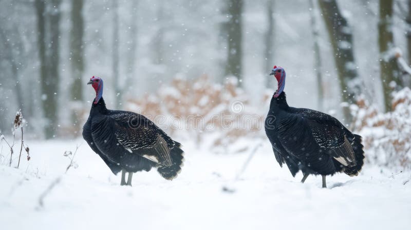 Two Wild Turkeys Standing in a Snowy Forest Stock Illustration ...