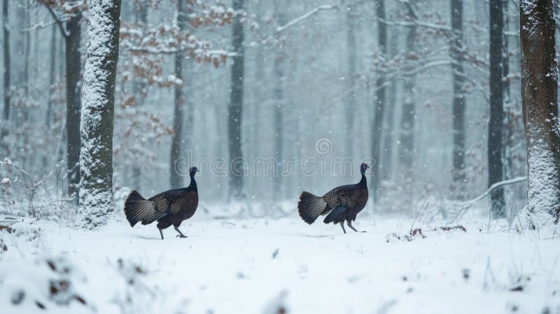 Two Wild Turkeys Walking through a Snowy Forest Stock Illustration ...