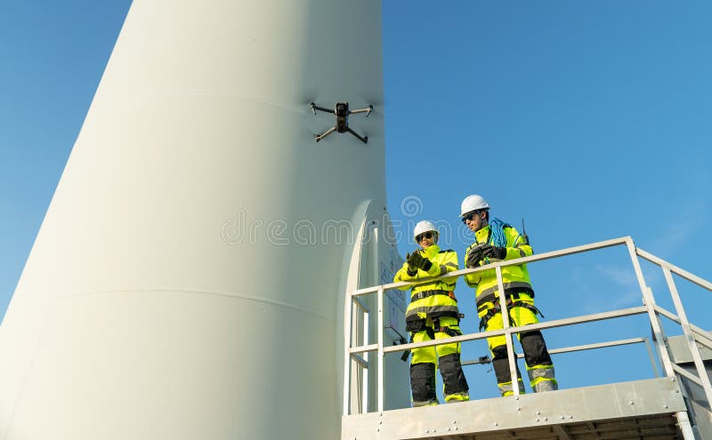 Two Wind Turbine or Windmill Workers or Engineer Stand on Base of the ...