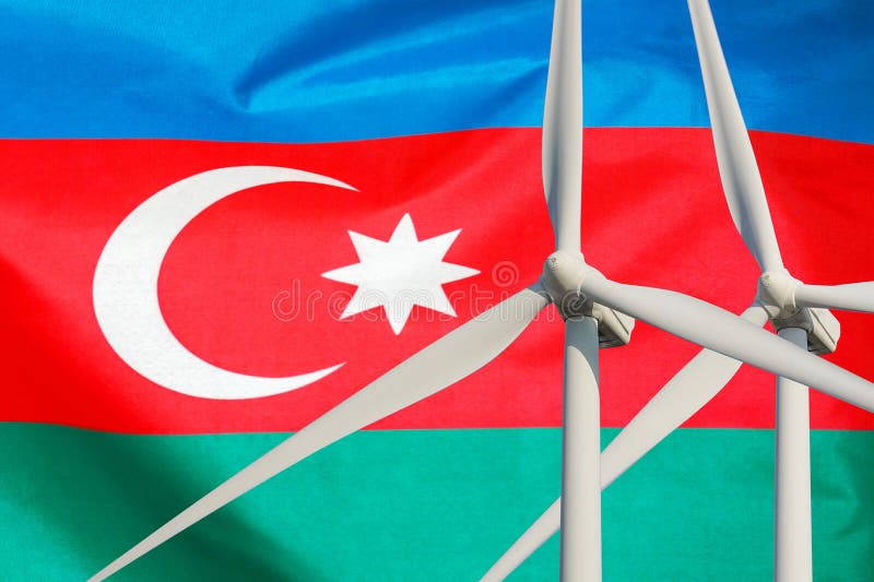 Two Wind Turbines for Alternative Energy on Azerbaijan Flag Background ... Two Wind Turbines for Alternative Energy on Azerbaijan Flag Background ...