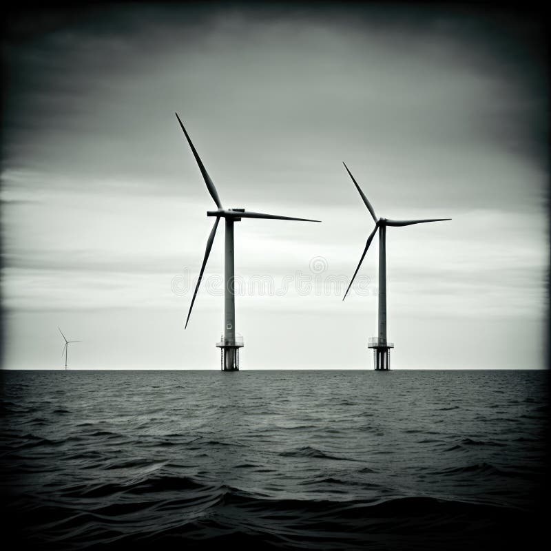 Two Wind Turbines in Ocean and Clouded Sky Stock Illustration ...