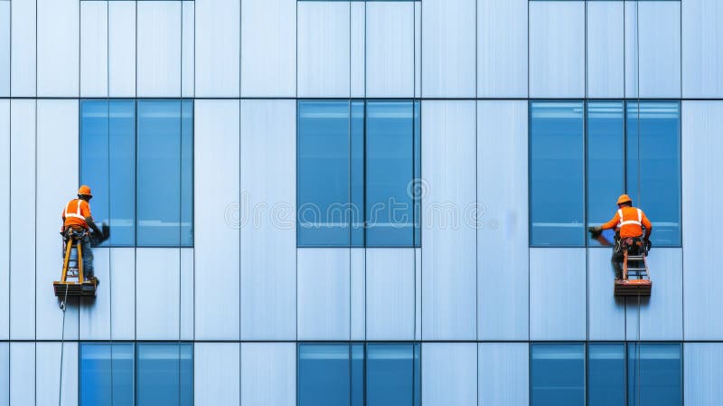 Two Window Washers Cleaning a Modern Building Facade Stock Illustration ...