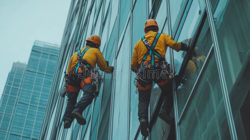 Two Window Washers Hanging from a High-Rise Building Stock Illustration ...