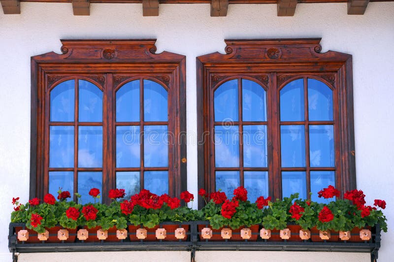 Two Windows and Flowers, Two windows decorated with potted red flowers in