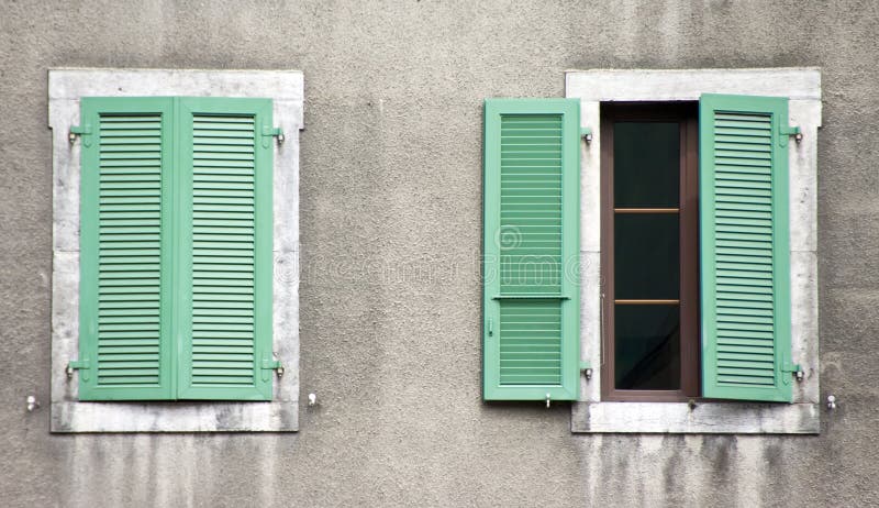Two Windows, Green Shutters Stock Photo - Image of wall, shutter: 6027146