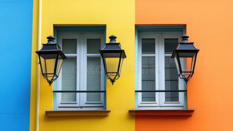 Two Windows and a Lamp on a Building Stock Illustration - Illustration ...