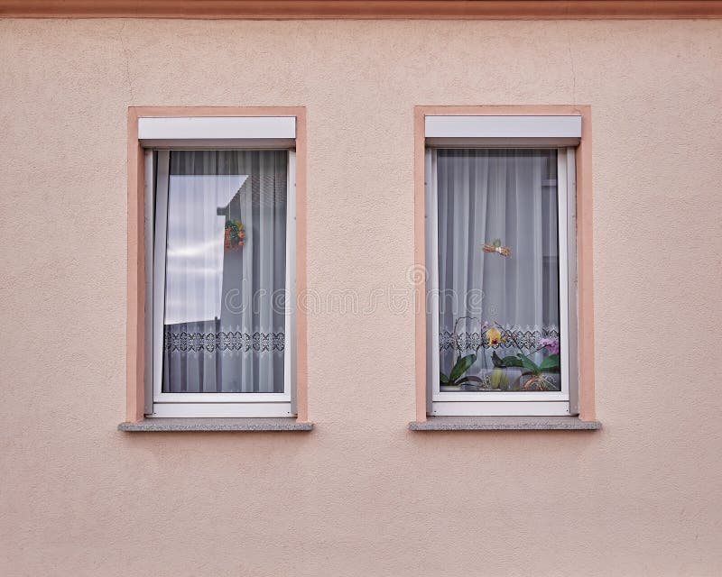 Two Windows on Light Pink Wall Stock Image - Image of home, decoration ...