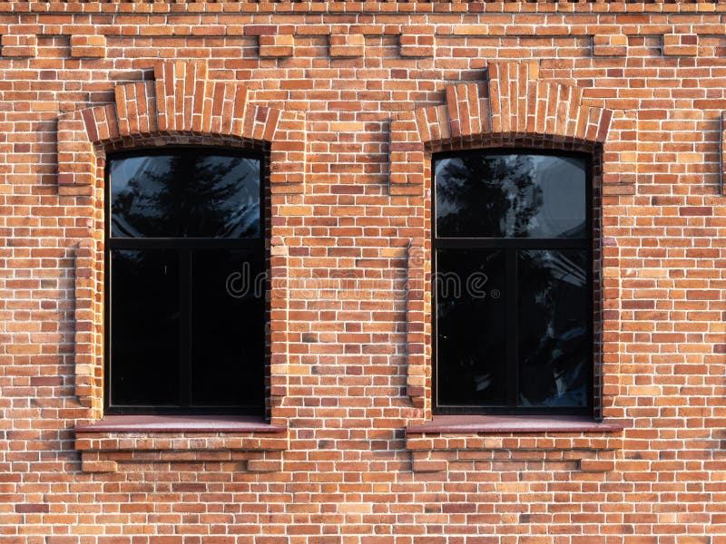 Two Windows of the Old Mansion 19 Century with Brown Bricks Wall Stock ...