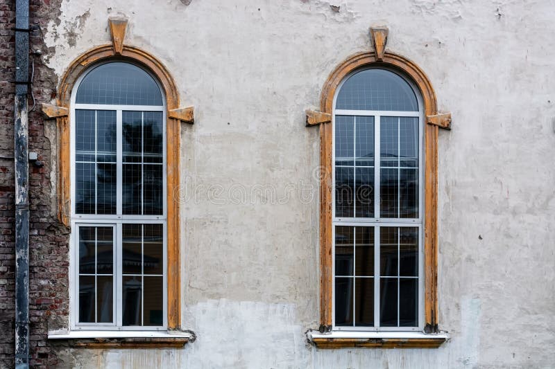 Two Windows on the Old Wall Stock Image - Image of design, transparent ...