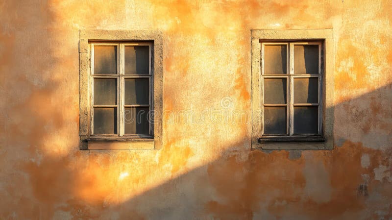 Two Windows on an Old, Yellow Building Wall Stock Illustration ...