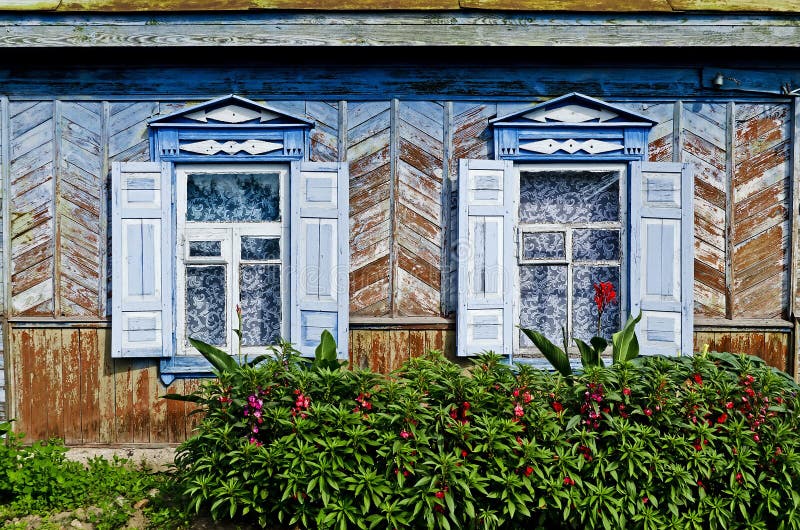 Two Windows in the Wooden House Stock Image - Image of spring, building ...