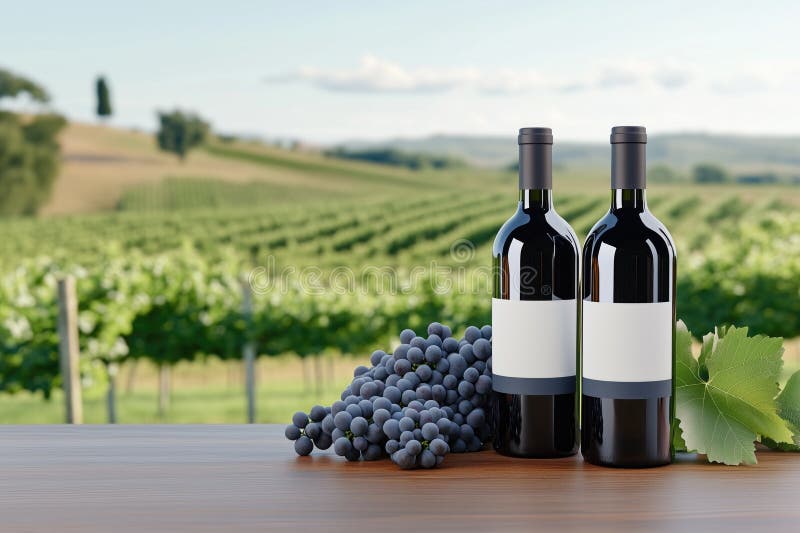 Two Wine Bottles and Grapes on Table Overlooking Lush Vineyard ...
