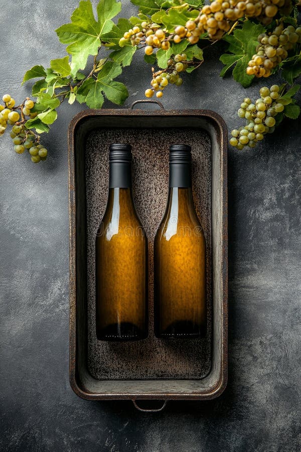 Two Wine Bottles in a Wire Basket on a Dark Textured Background Stock ...