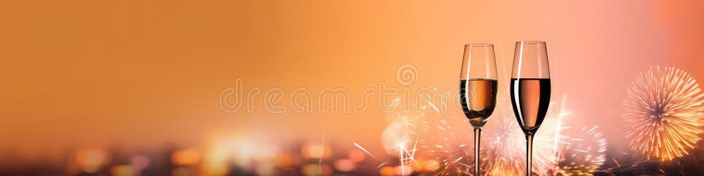 Two Wine Glasses on Peach Color Background of Fireworks with Empty ...