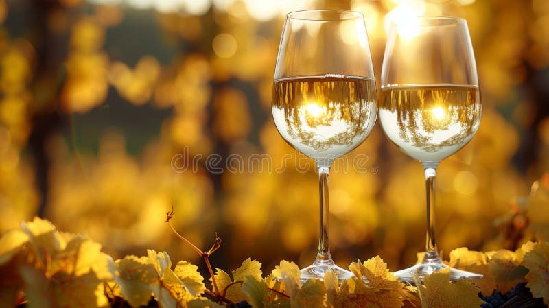 Two Wine Glasses are Sitting on a Table with Leaves and Trees in the ...