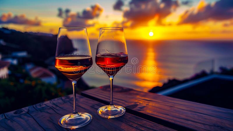 Two Wine Glasses on a Table at Sunset Stock Photo - Image of outdoor ...