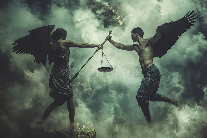 Two Winged Angels Holding Scales of Justice in a Dramatic Cloudy Sky ...