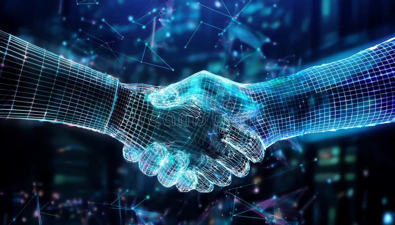 Two Wireframe Hands Shake, Symbolizing Digital Partnership, Agreement ...