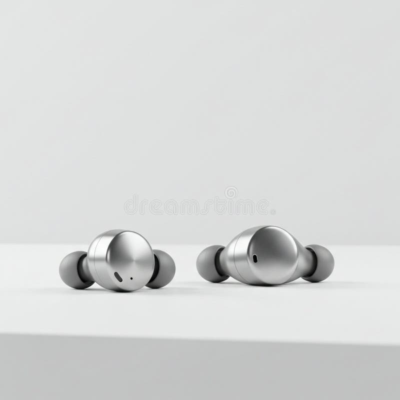 Two Wireless Earbuds with a Sleek Silver Design Rest on a Flat Surface ...