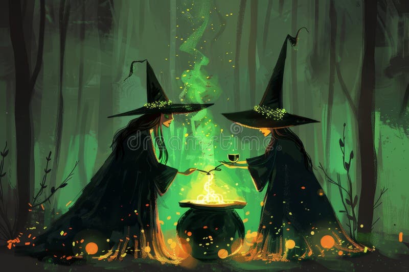 Two Witches Brew a Potion in a Cauldron Over a Fire in a Dark Forest ...