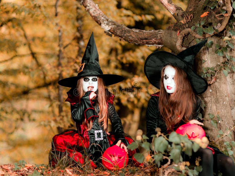 Two Witches in the Forest, Halloween Concept Stock Photo - Image of ...
