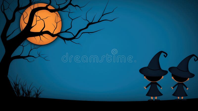 Two Witches Gazing at a Large Full Moon in a Spooky Landscape Stock ...