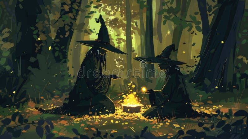 Two Witches Perform a Magic Ritual on Halloween Stock Illustration ...