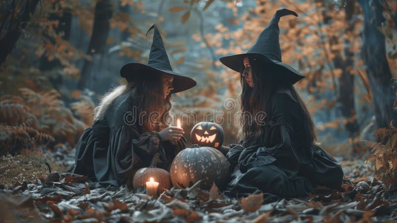 Two Witches Perform a Magic Ritual on Halloween Stock Illustration ...