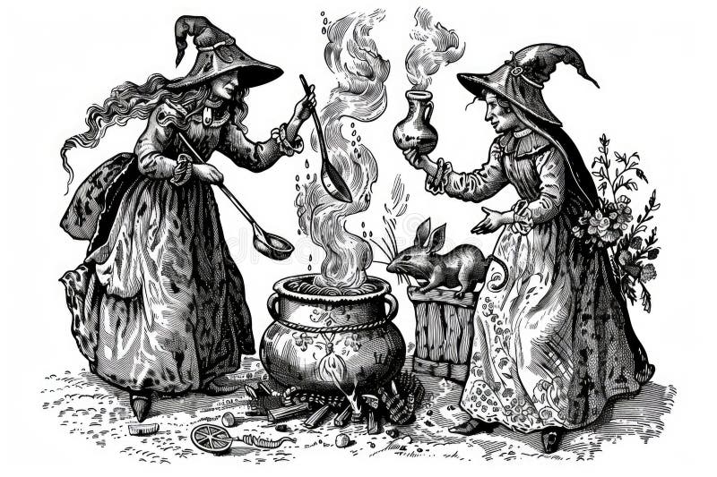 Two Witches Preparing Meal in a Bubbling Cauldron Stock Photo - Image ...